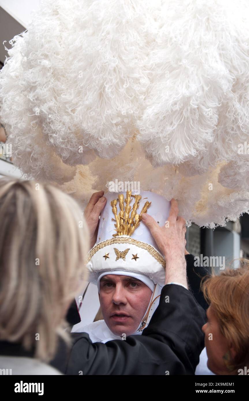 Gilles in traditional dress, Carnival procession, Binche, Belgium - The ...