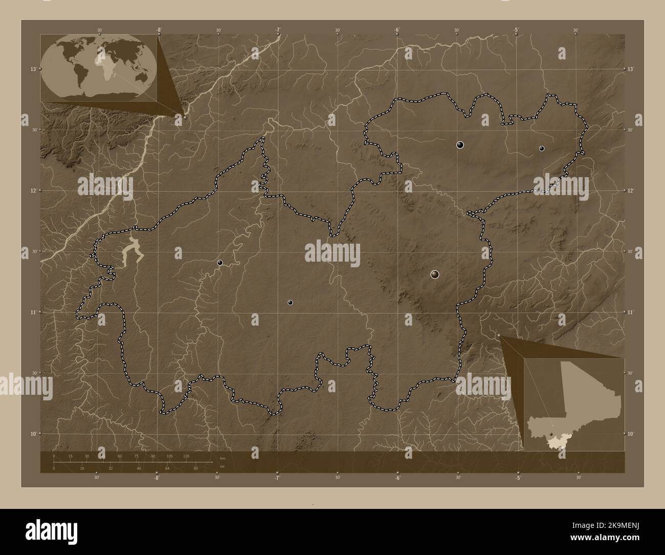 Sikasso, region of Mali. Elevation map colored in sepia tones with ...