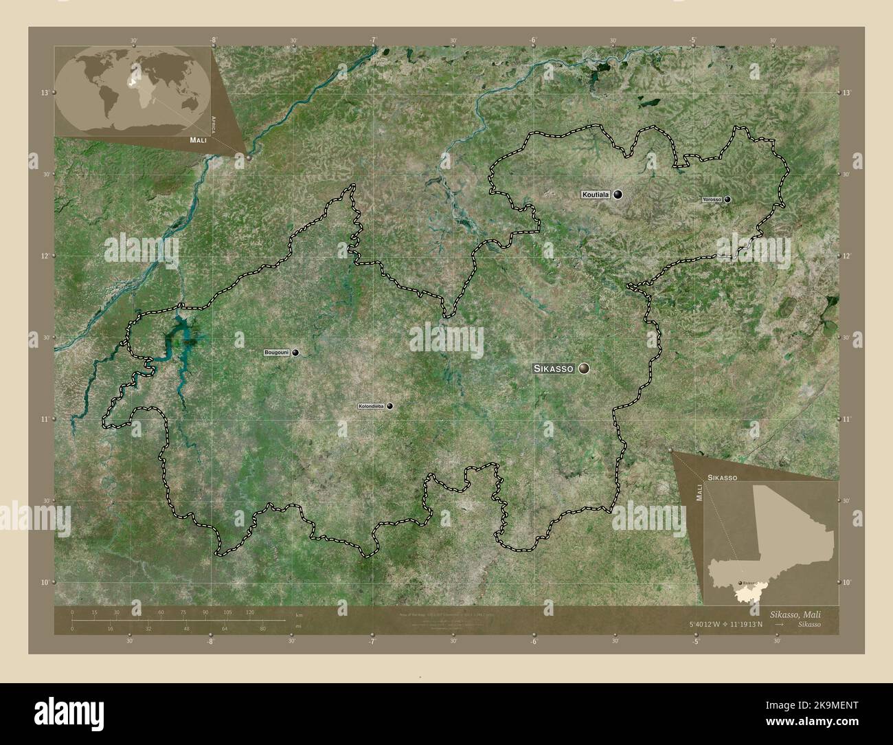 Sikasso, region of Mali. High resolution satellite map. Locations and ...