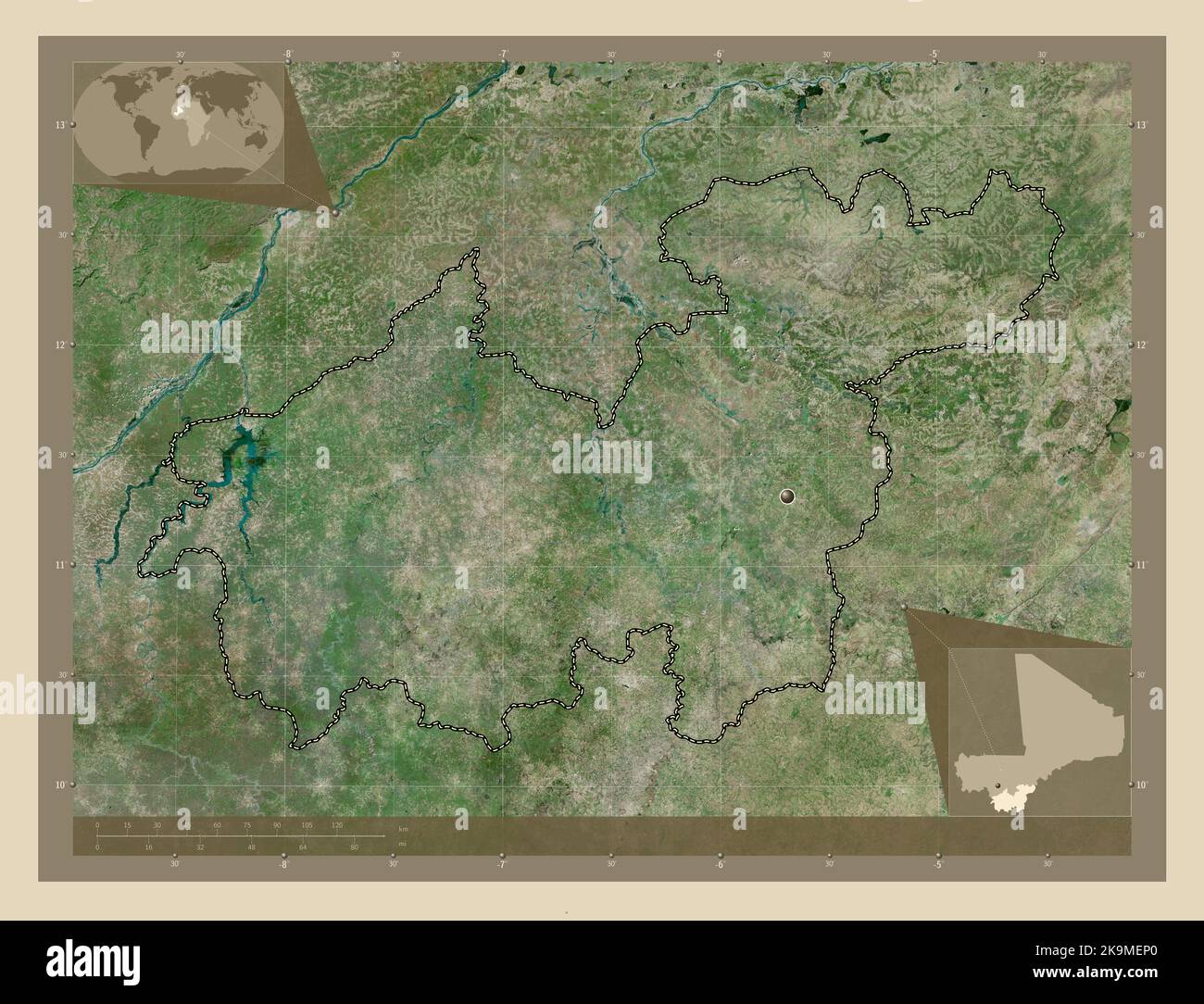 Sikasso, region of Mali. High resolution satellite map. Corner ...