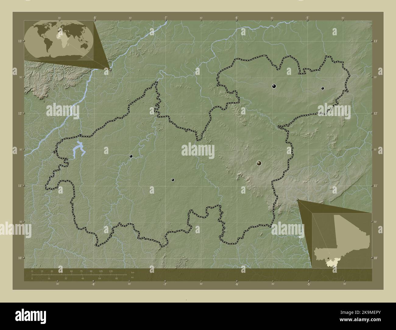 Sikasso, region of Mali. Elevation map colored in wiki style with lakes ...