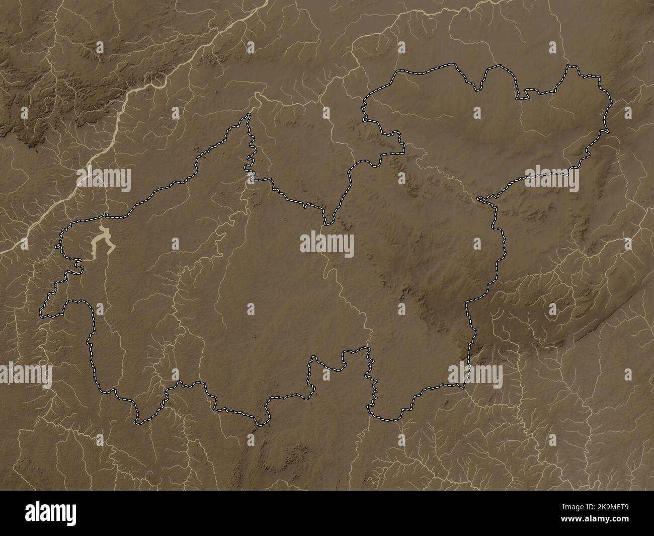 Sikasso, region of Mali. Elevation map colored in sepia tones with ...