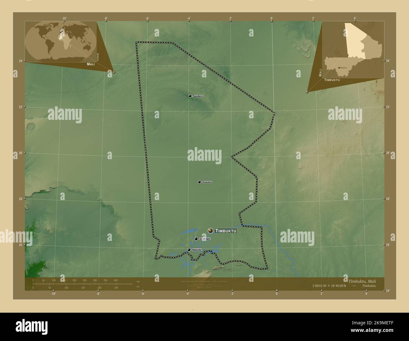 Timbuktu, region of Mali. Colored elevation map with lakes and rivers ...