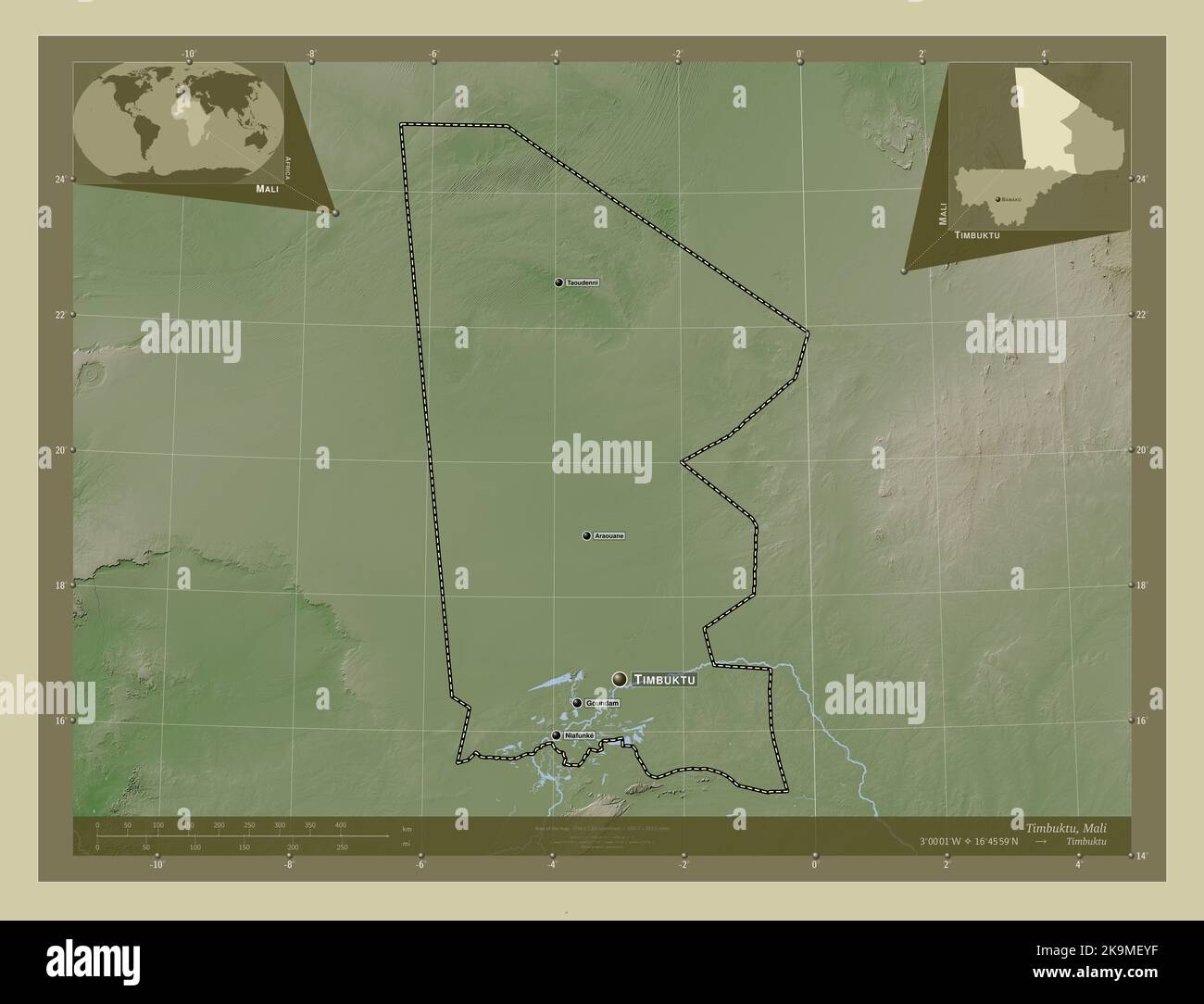 Timbuktu, region of Mali. Elevation map colored in wiki style with lakes and rivers. Locations ...