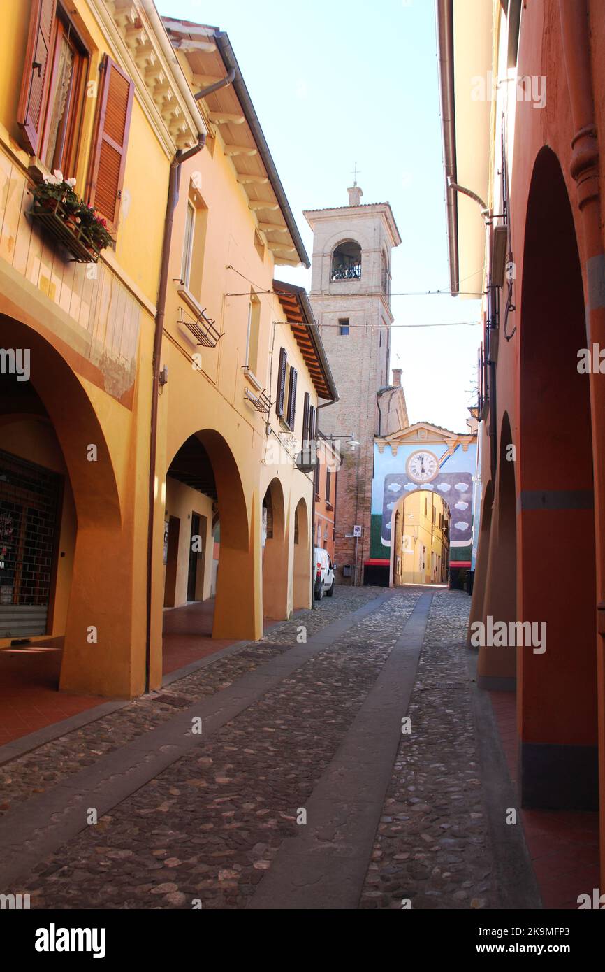Dozza, Italy. Historical buildings with porticoes along Via XX ...