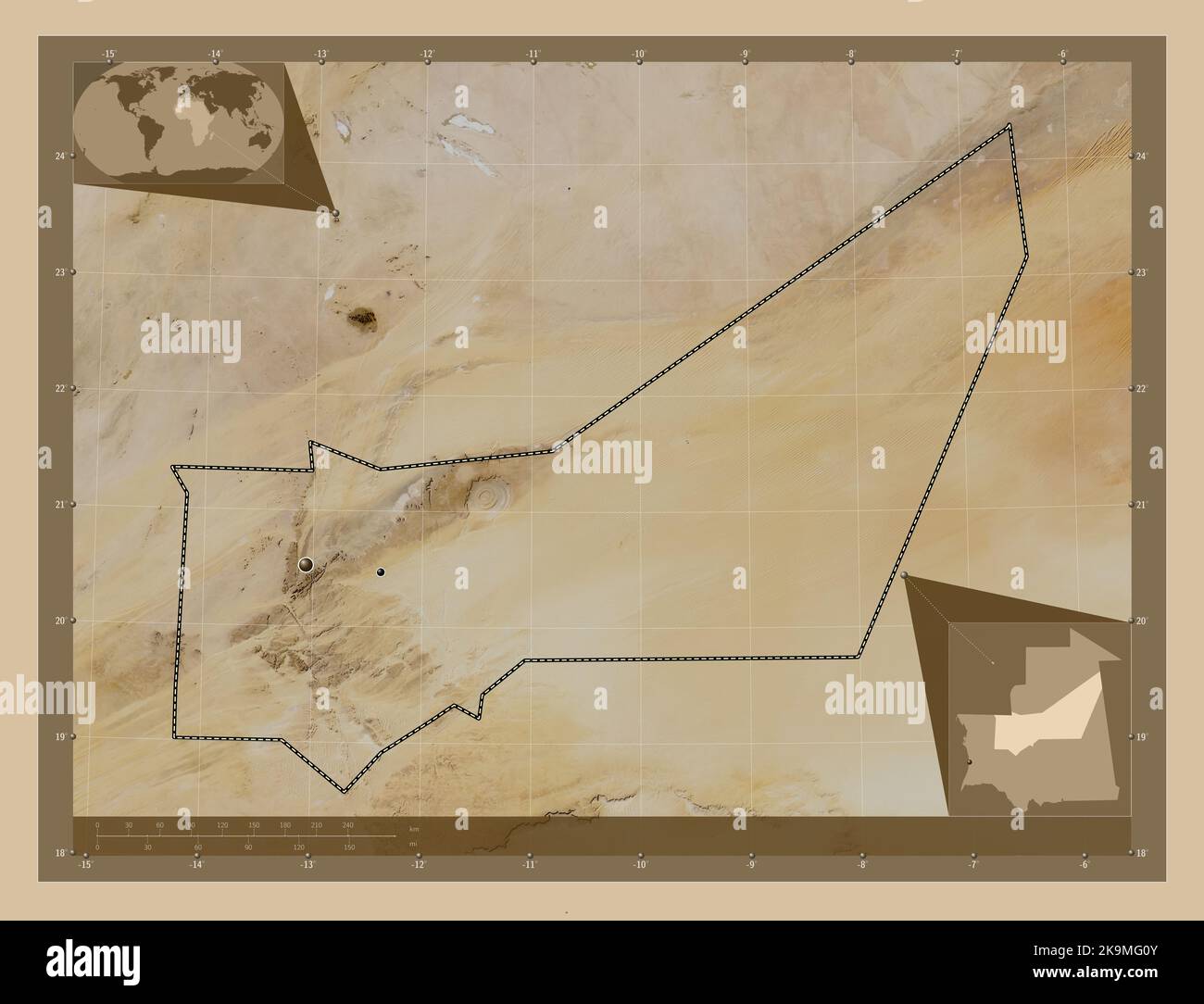 Adrar, region of Mauritania. Low resolution satellite map. Locations of ...