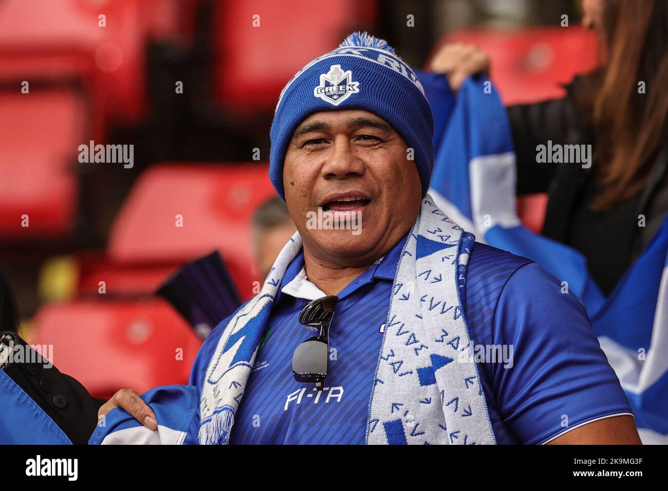 A Greek fan dancing during the Rugby League World Cup 2021 match ...