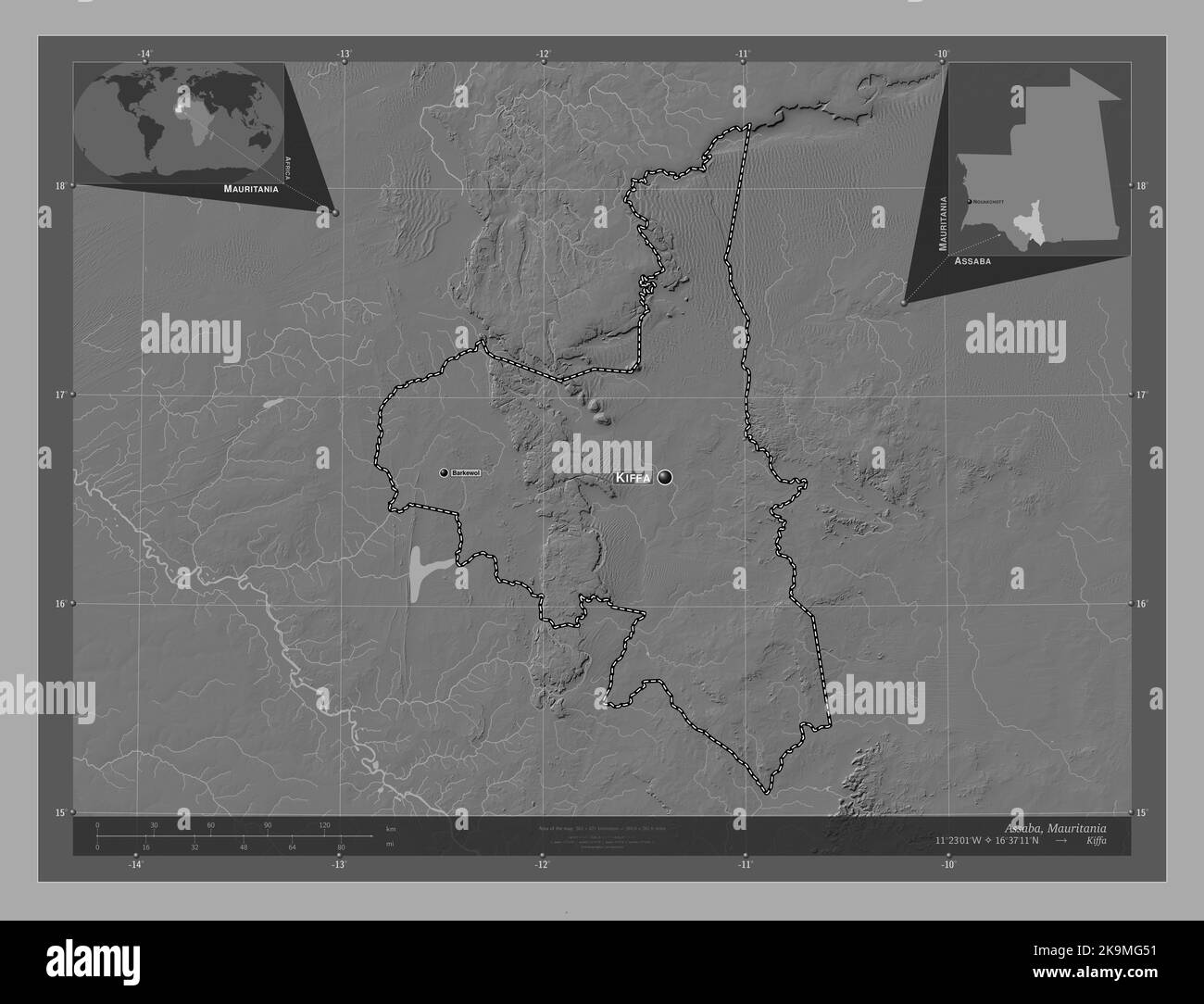 Assaba, region of Mauritania. Bilevel elevation map with lakes and ...
