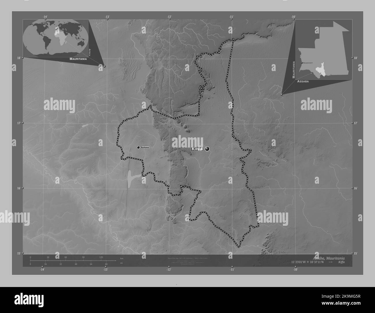 Assaba, region of Mauritania. Grayscale elevation map with lakes and ...