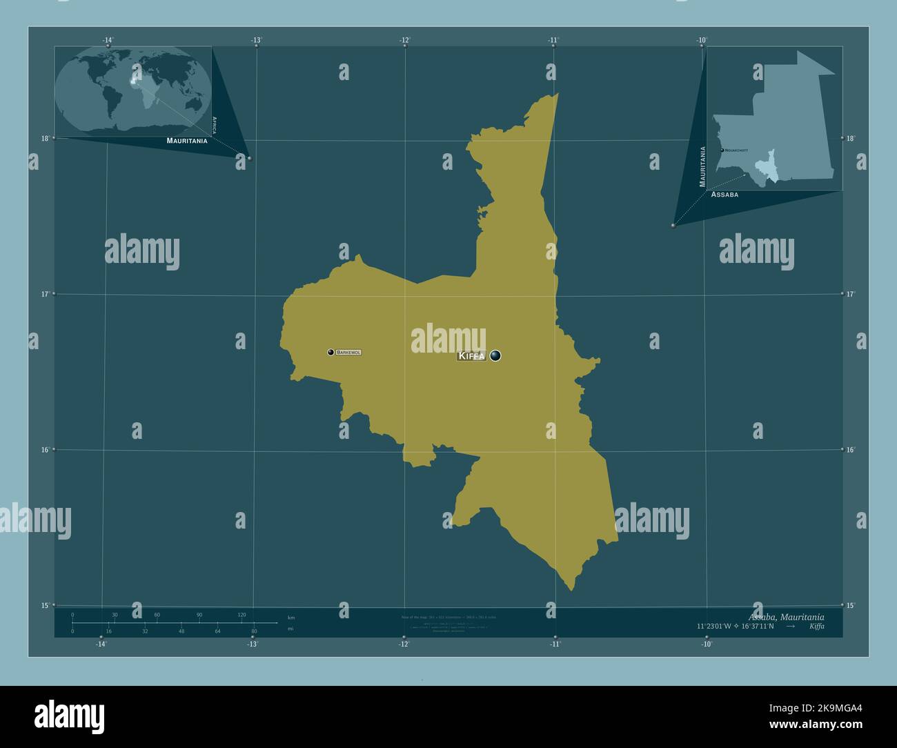 Assaba, region of Mauritania. Solid color shape. Locations and names of ...