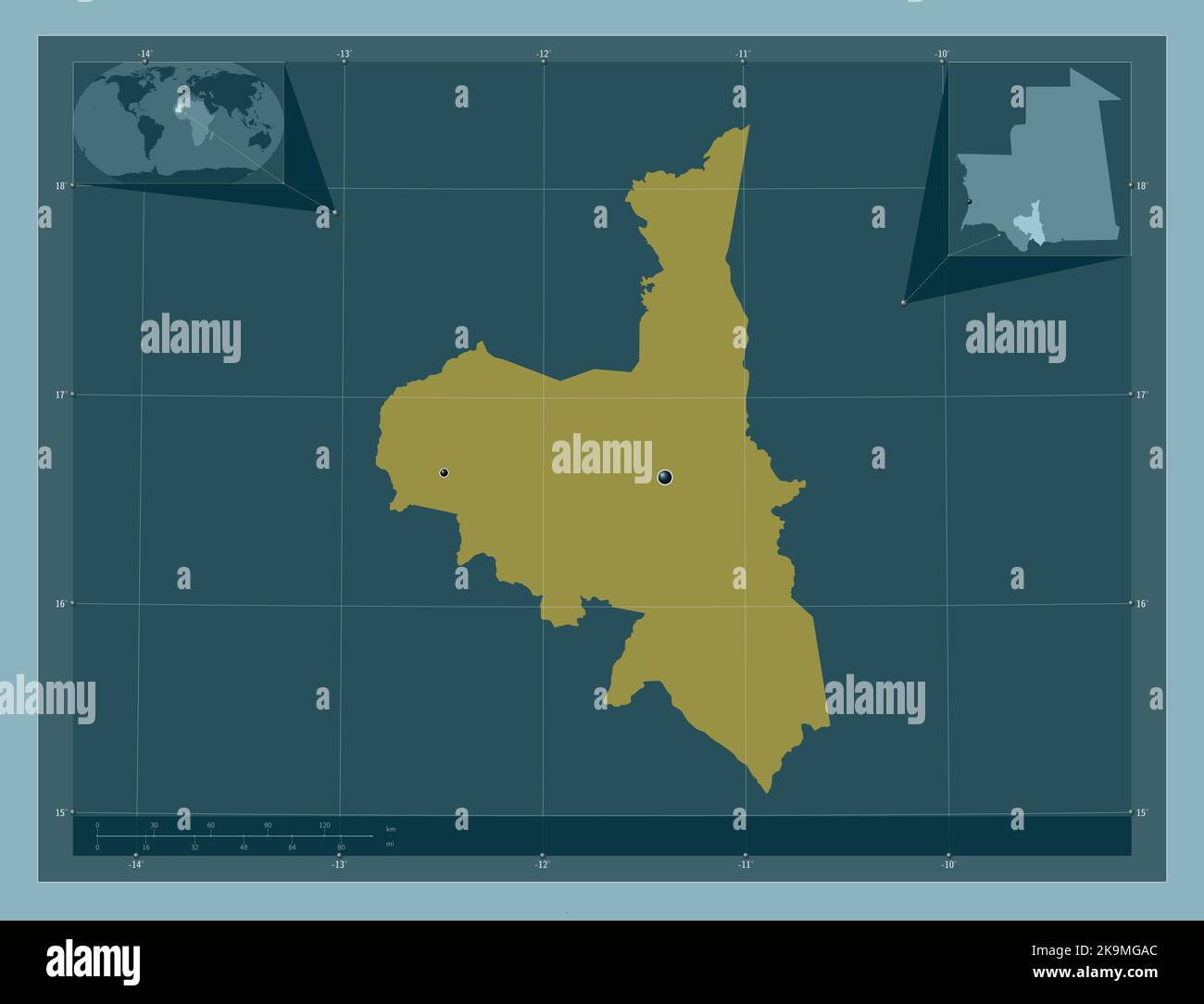 Assaba, region of Mauritania. Solid color shape. Locations of major ...