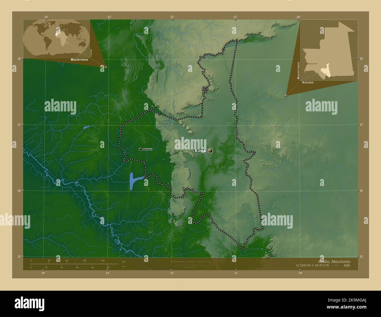 Assaba, region of Mauritania. Colored elevation map with lakes and ...