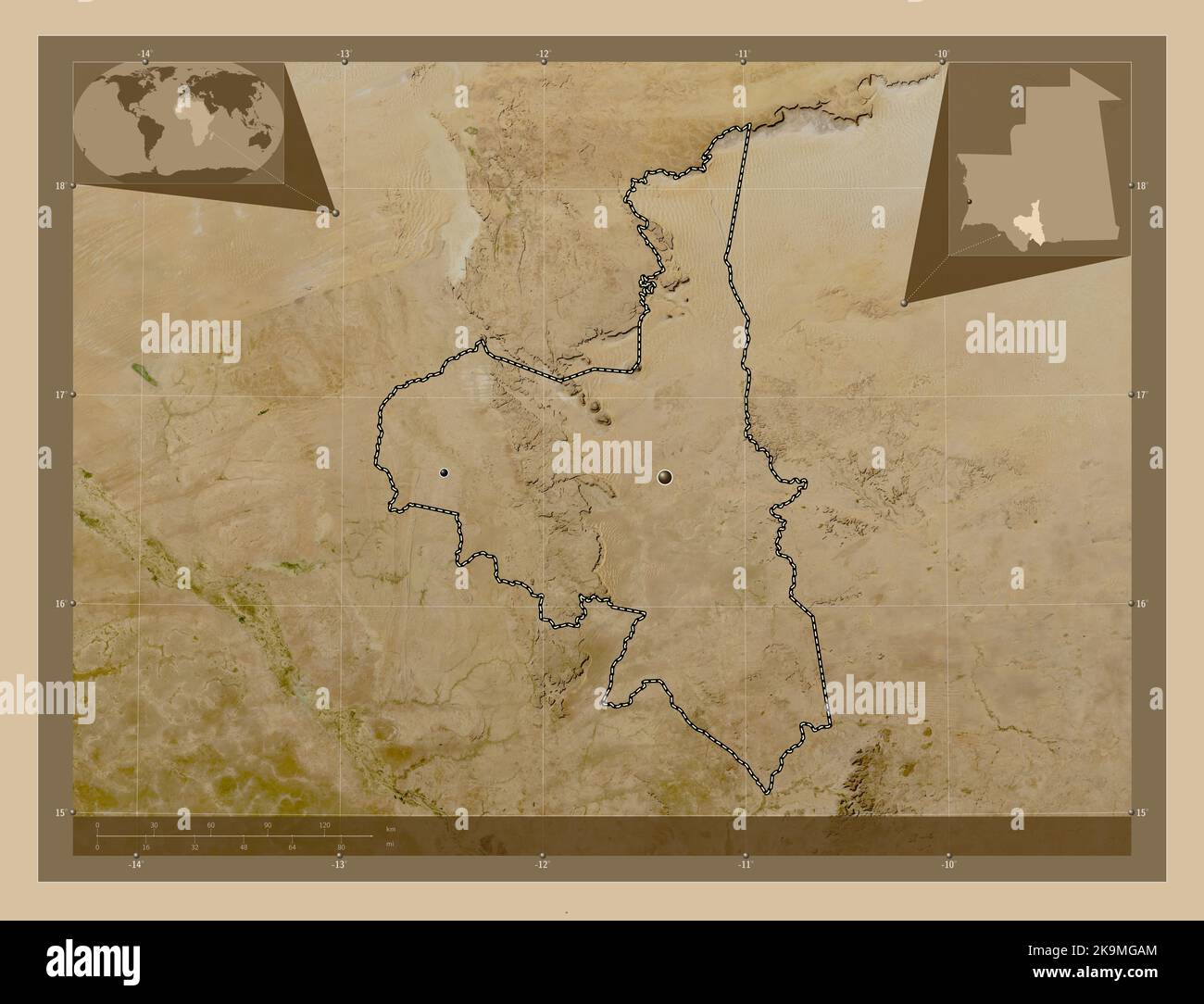 Assaba, region of Mauritania. Low resolution satellite map. Locations ...