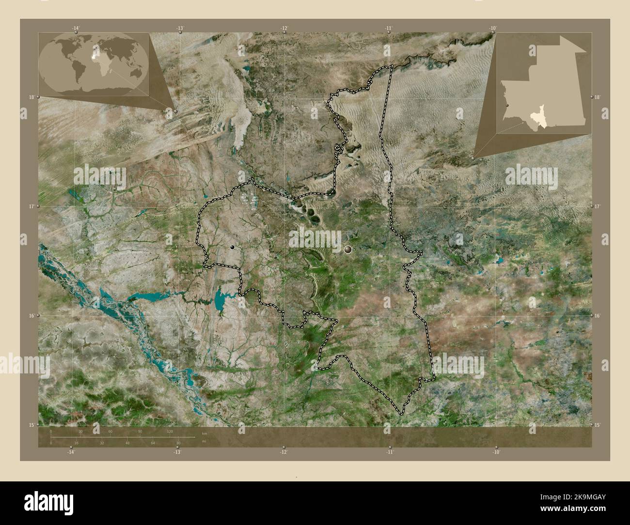 Assaba, region of Mauritania. High resolution satellite map. Locations ...