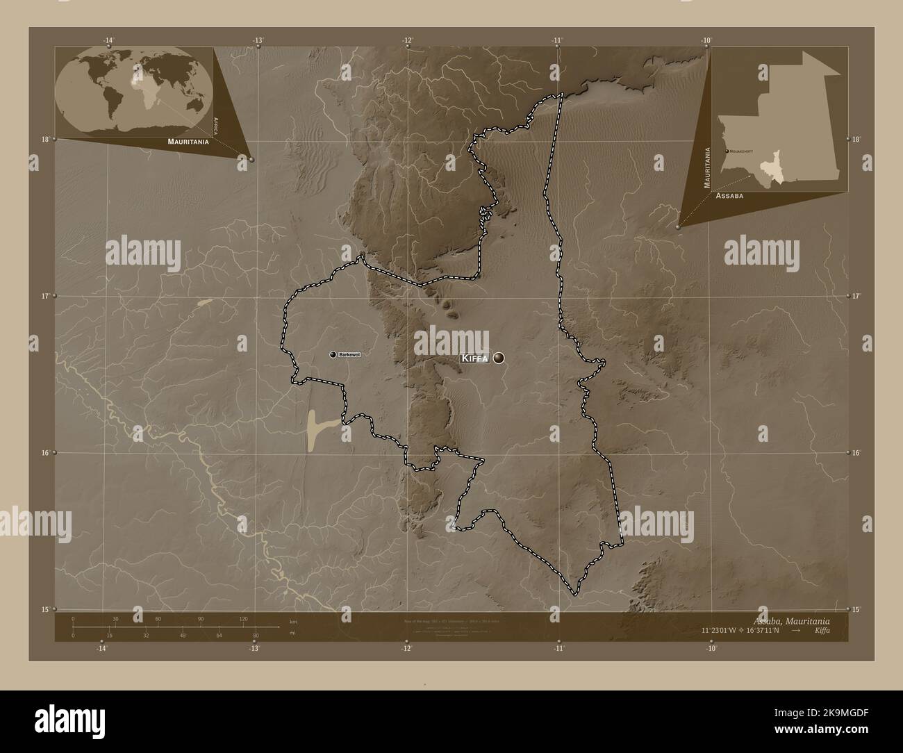 Assaba, region of Mauritania. Elevation map colored in sepia tones with ...
