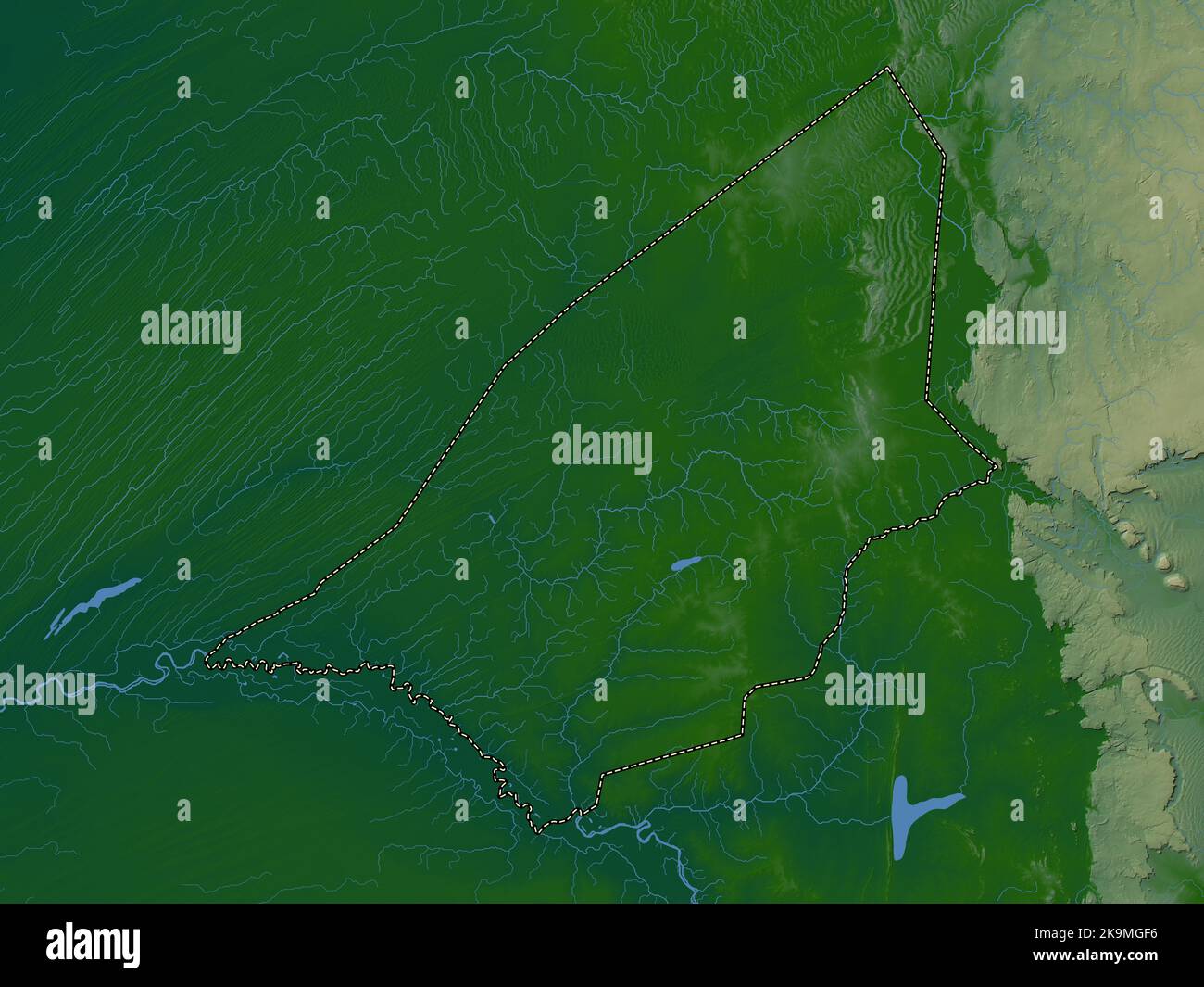 Brakna, region of Mauritania. Colored elevation map with lakes and ...