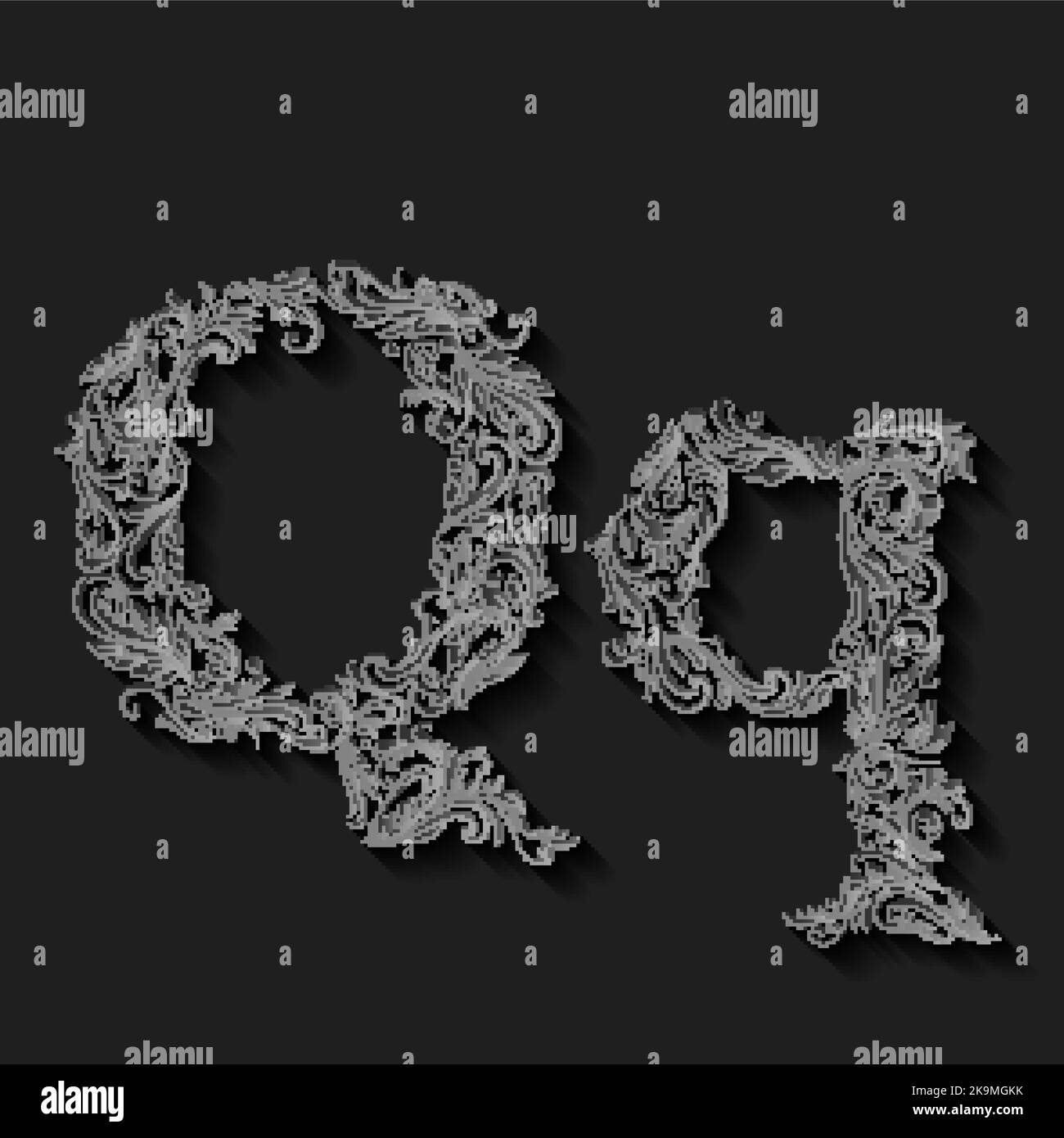 Handsomely decorated letter q in upper and lower case on black Stock ...