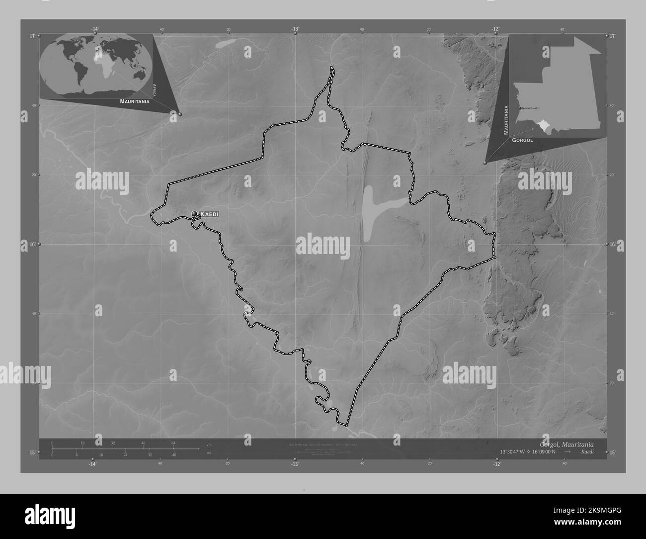 Gorgol, region of Mauritania. Grayscale elevation map with lakes and ...