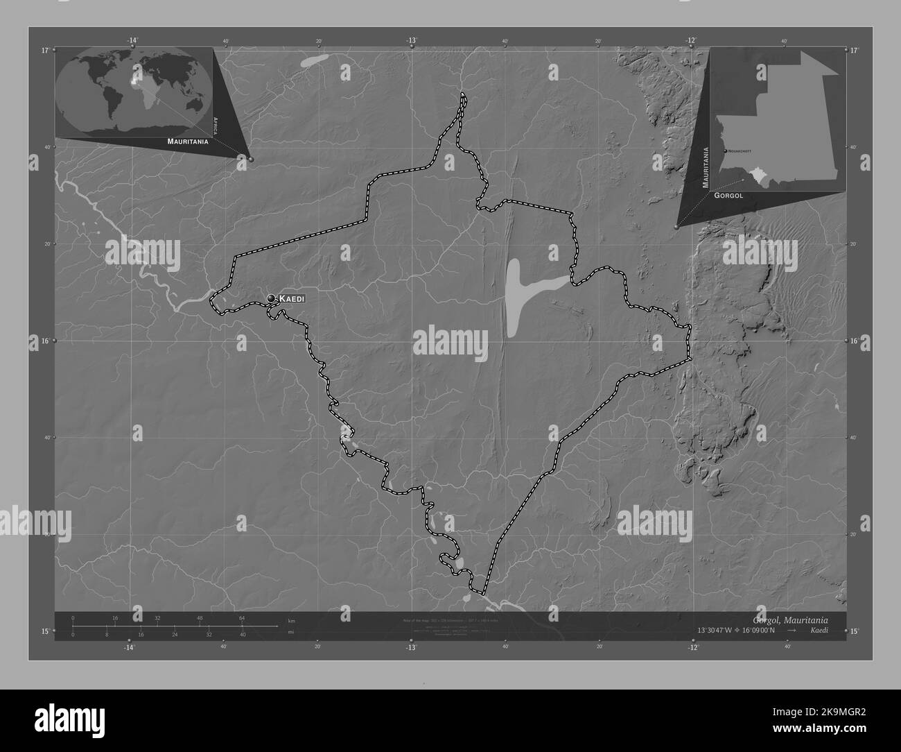 Gorgol, region of Mauritania. Bilevel elevation map with lakes and ...