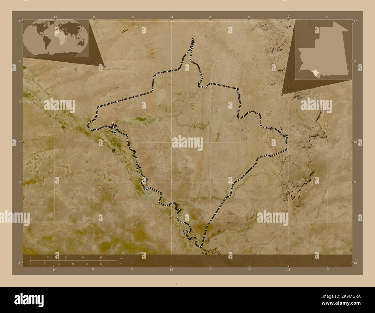 Gorgol, region of Mauritania. Low resolution satellite map. Corner ...