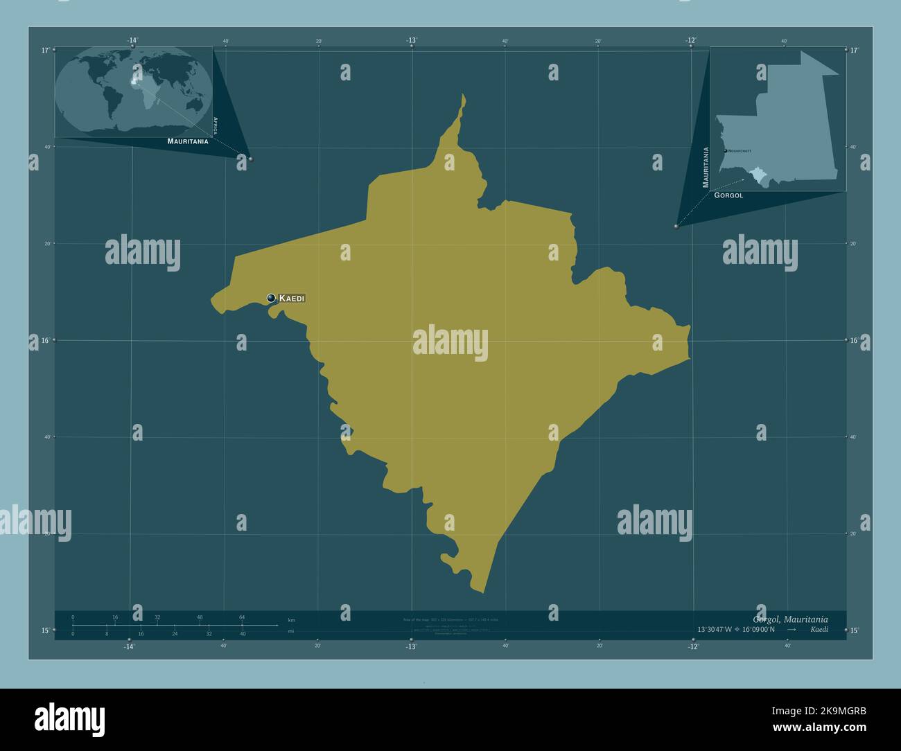 Gorgol, region of Mauritania. Solid color shape. Locations and names of ...