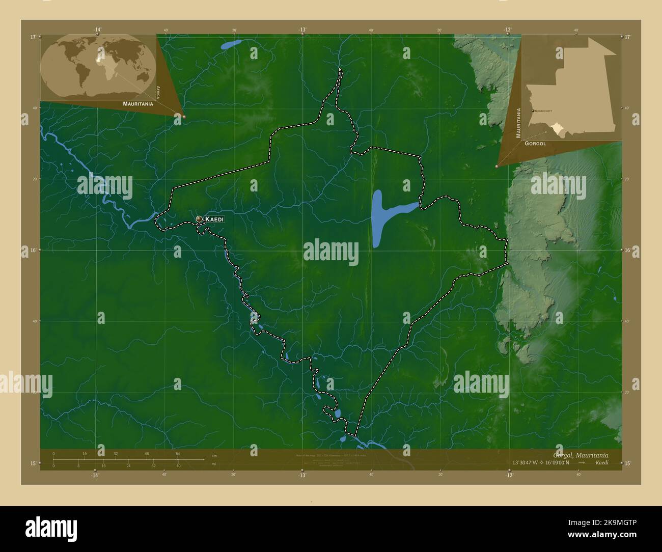 Gorgol, region of Mauritania. Colored elevation map with lakes and ...
