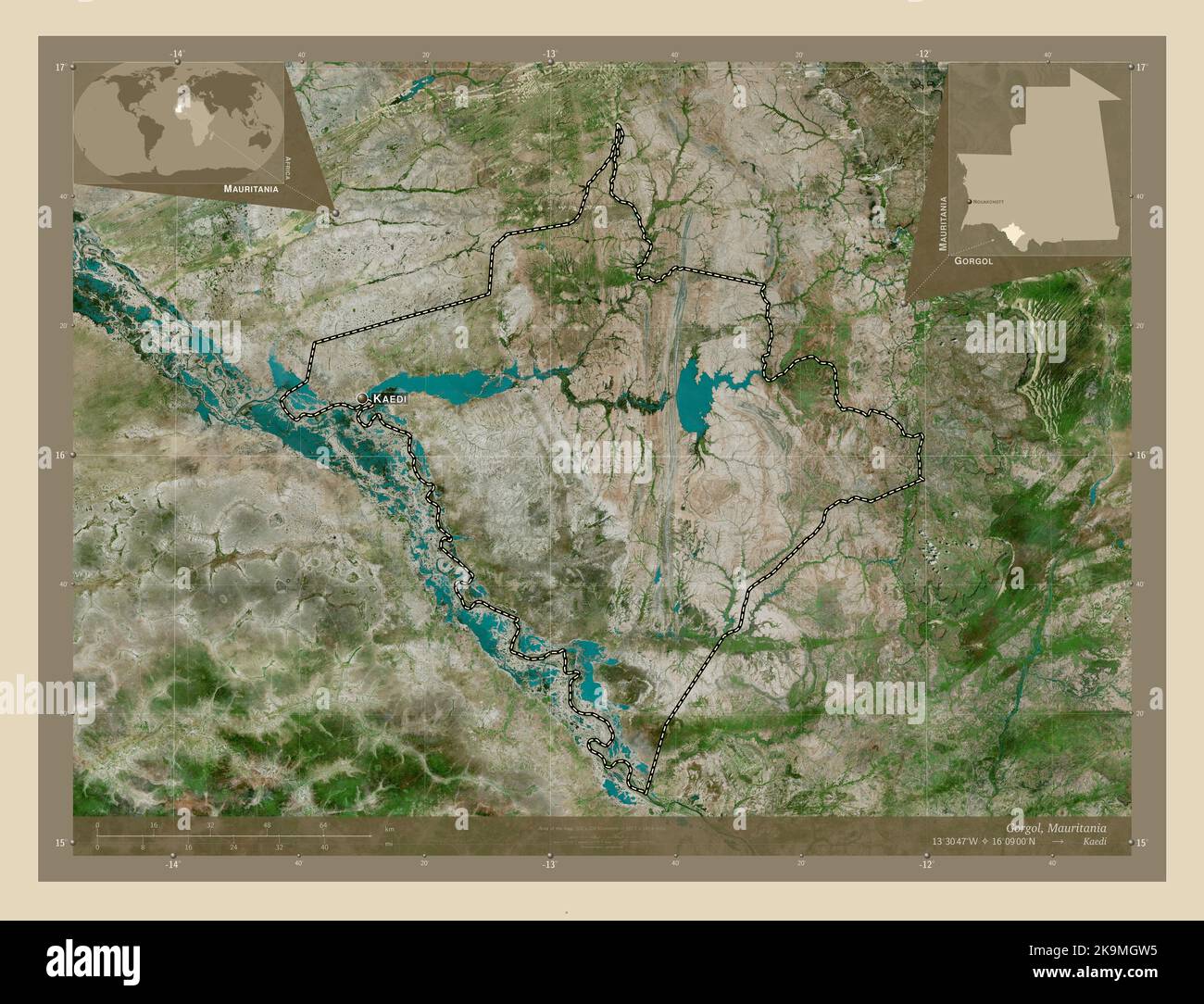 Gorgol, region of Mauritania. High resolution satellite map. Locations ...