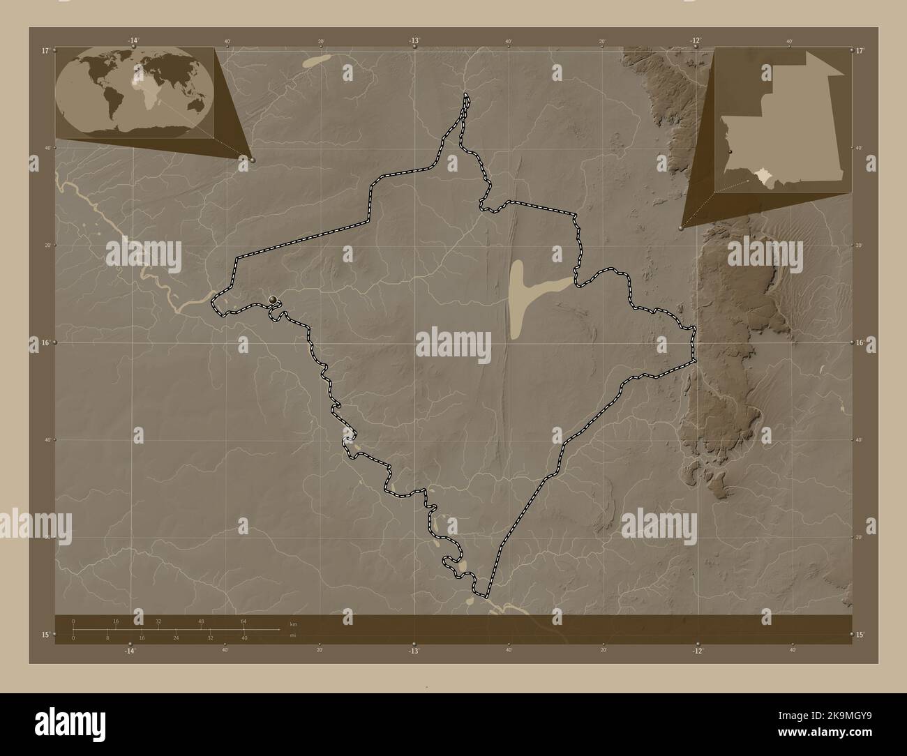 Gorgol, region of Mauritania. Elevation map colored in sepia tones with ...