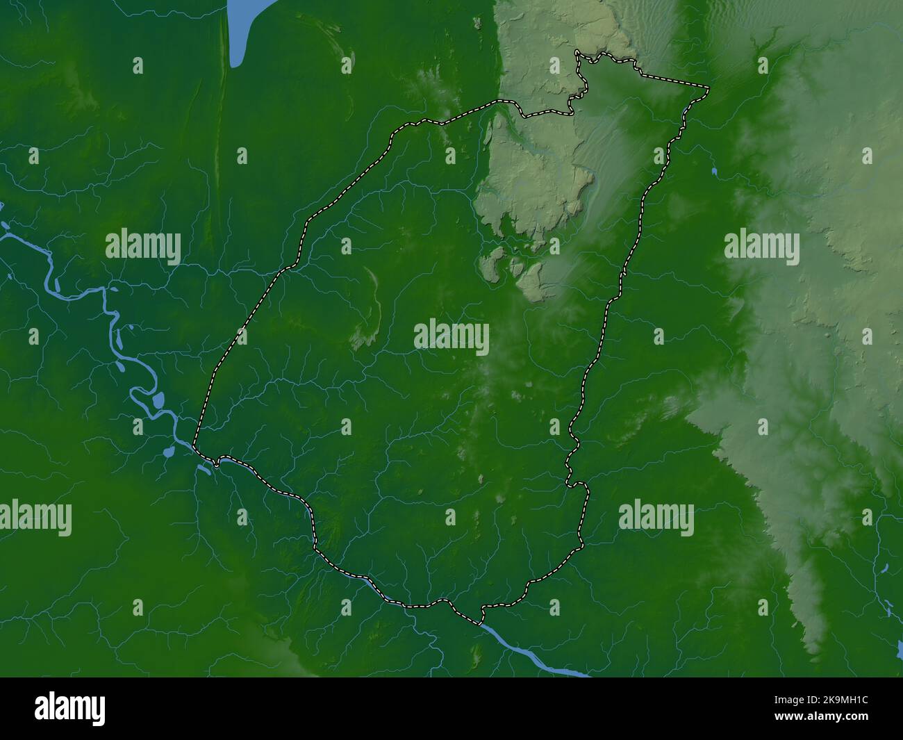 Guidimaka, region of Mauritania. Colored elevation map with lakes and ...