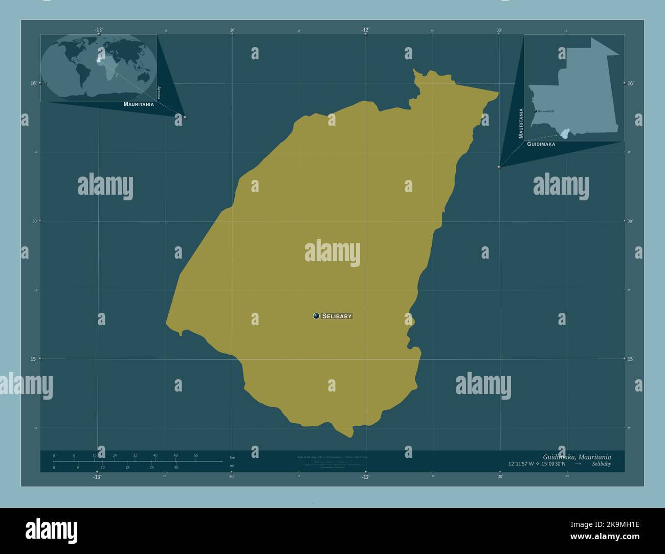 Guidimaka, region of Mauritania. Solid color shape. Locations and names ...