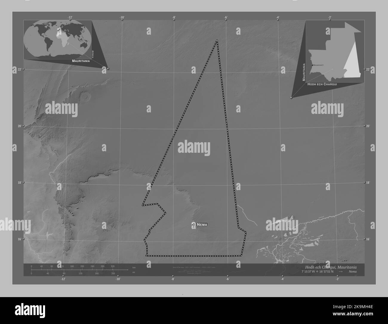 Hodh ech Chargui, region of Mauritania. Grayscale elevation map with ...