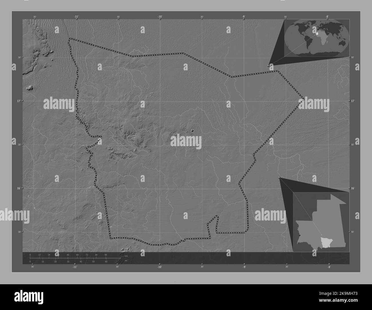 Hodh el Gharbi, region of Mauritania. Bilevel elevation map with lakes ...