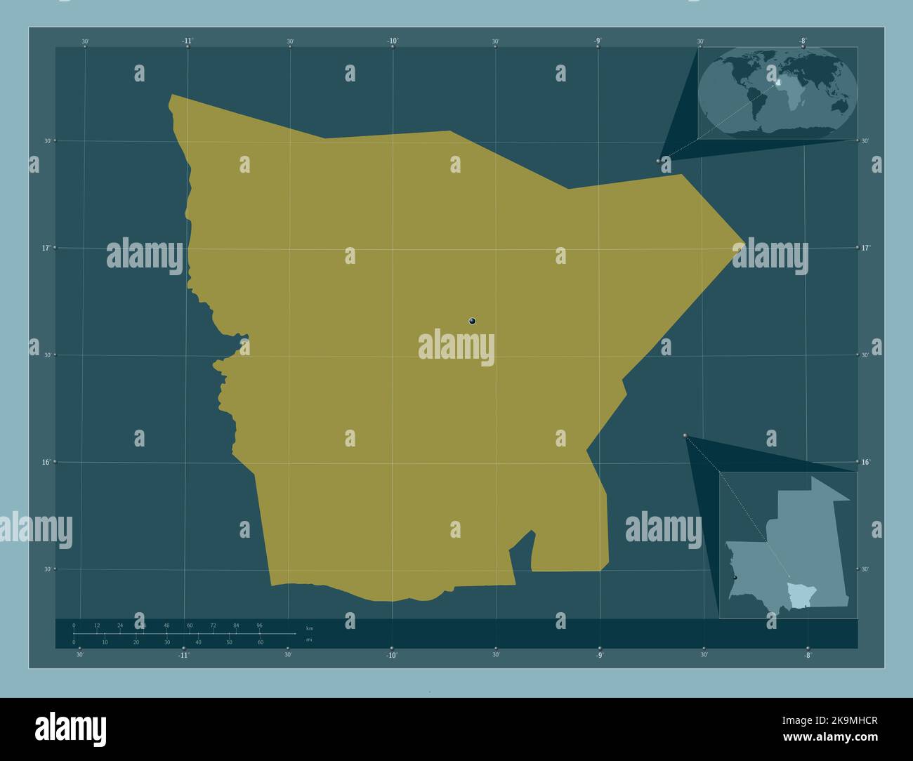 Hodh el Gharbi, region of Mauritania. Solid color shape. Locations of ...