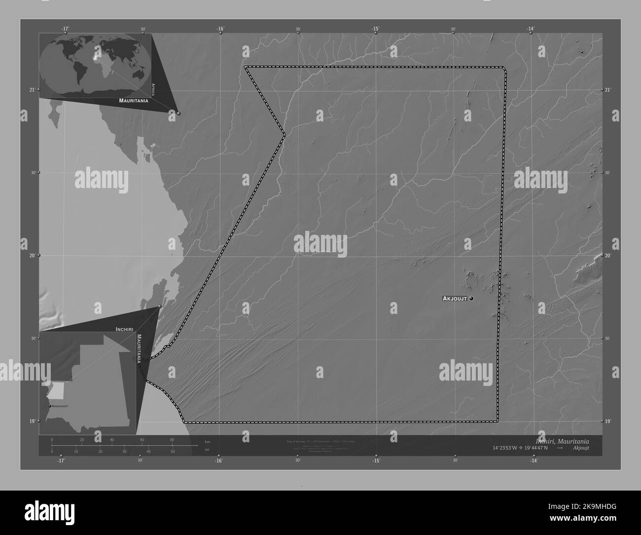 Inchiri, region of Mauritania. Bilevel elevation map with lakes and ...