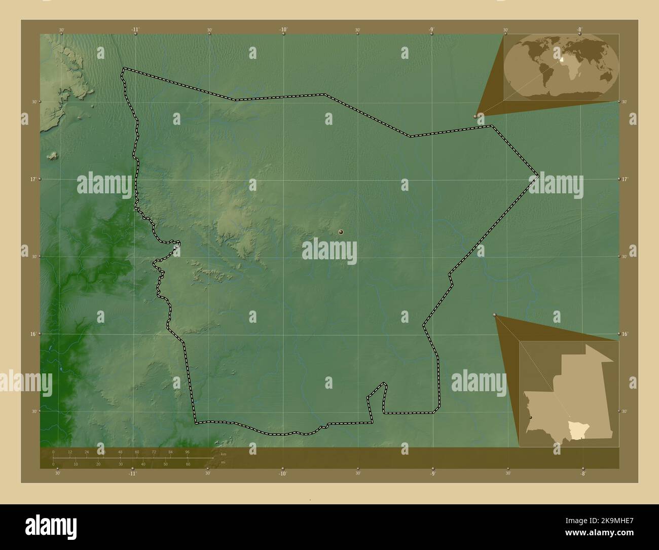 Hodh el Gharbi, region of Mauritania. Colored elevation map with lakes ...