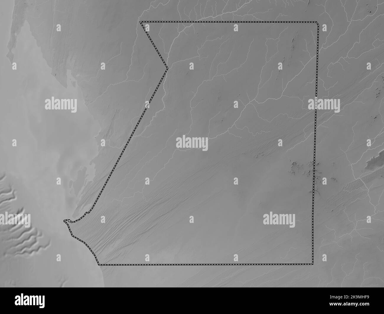 Inchiri, region of Mauritania. Grayscale elevation map with lakes and ...
