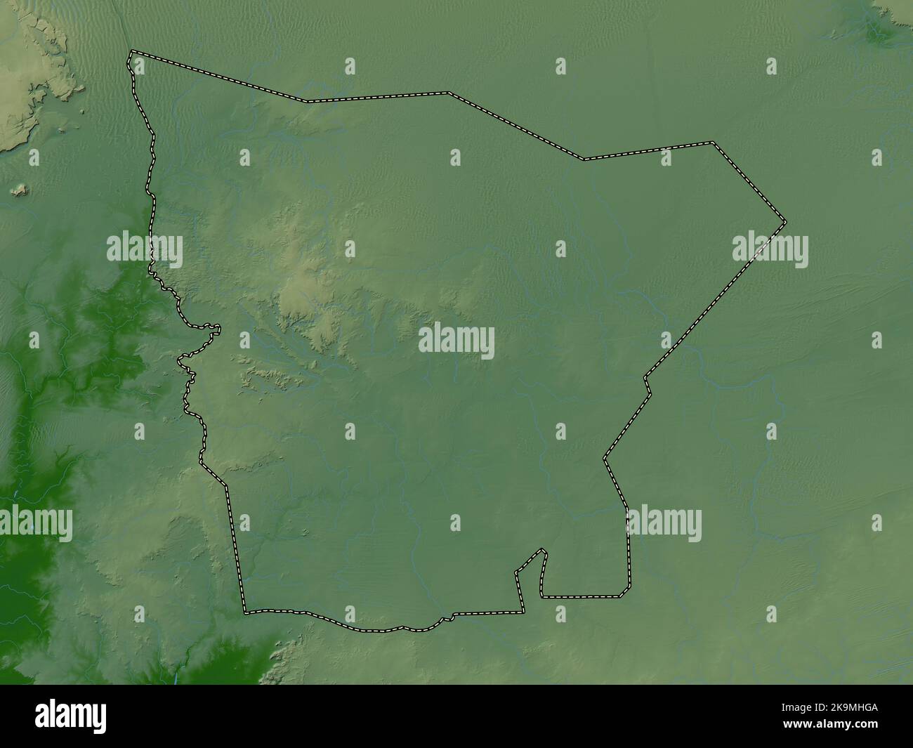 Hodh el Gharbi, region of Mauritania. Colored elevation map with lakes ...