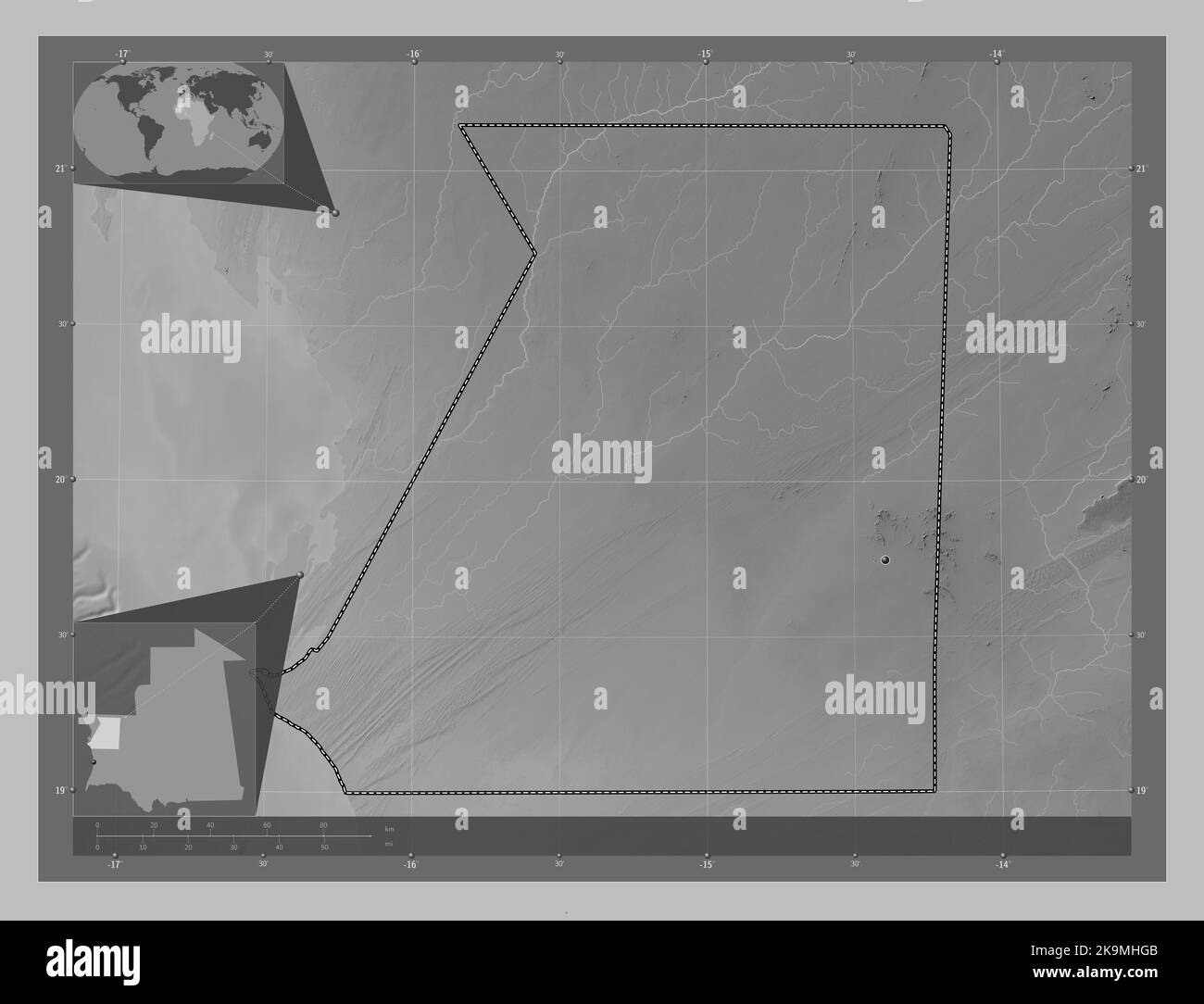 Inchiri, region of Mauritania. Grayscale elevation map with lakes and ...