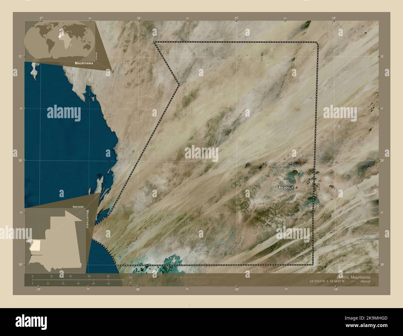 Inchiri, region of Mauritania. High resolution satellite map. Locations ...
