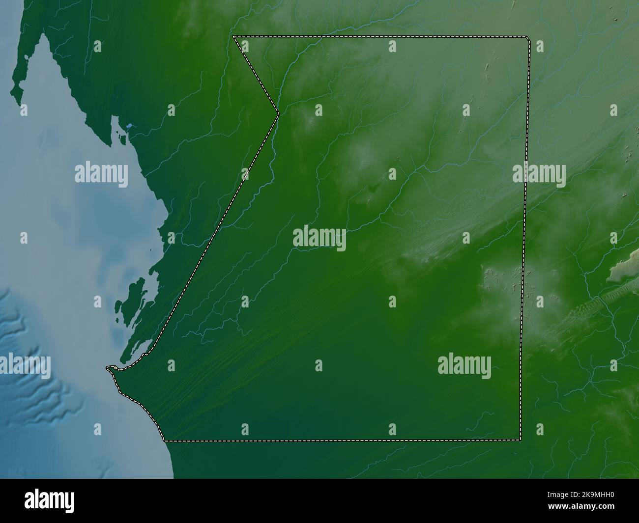 Inchiri, region of Mauritania. Colored elevation map with lakes and ...