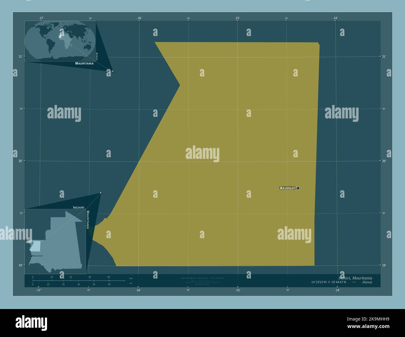 Inchiri, region of Mauritania. Solid color shape. Locations and names ...