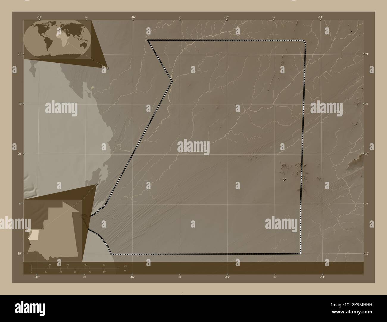 Inchiri, region of Mauritania. Elevation map colored in sepia tones ...