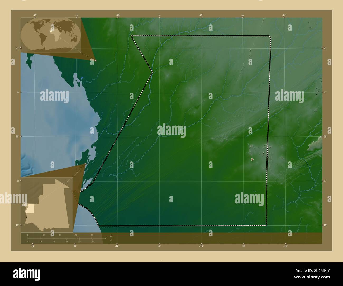 Inchiri, region of Mauritania. Colored elevation map with lakes and ...