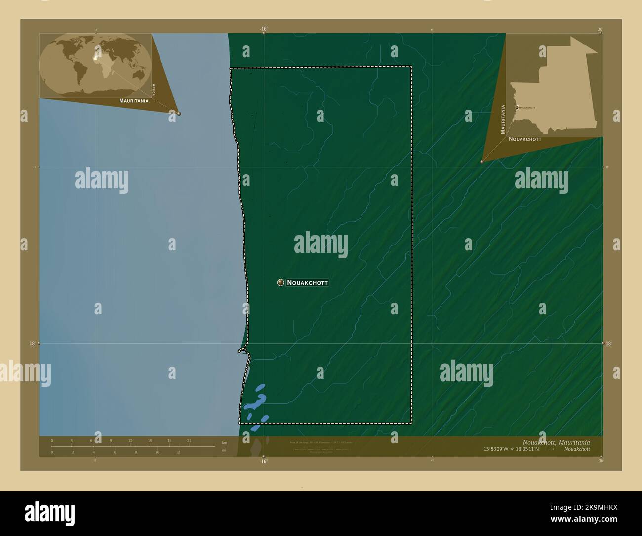 Nouakchott, district of Mauritania. Colored elevation map with lakes ...