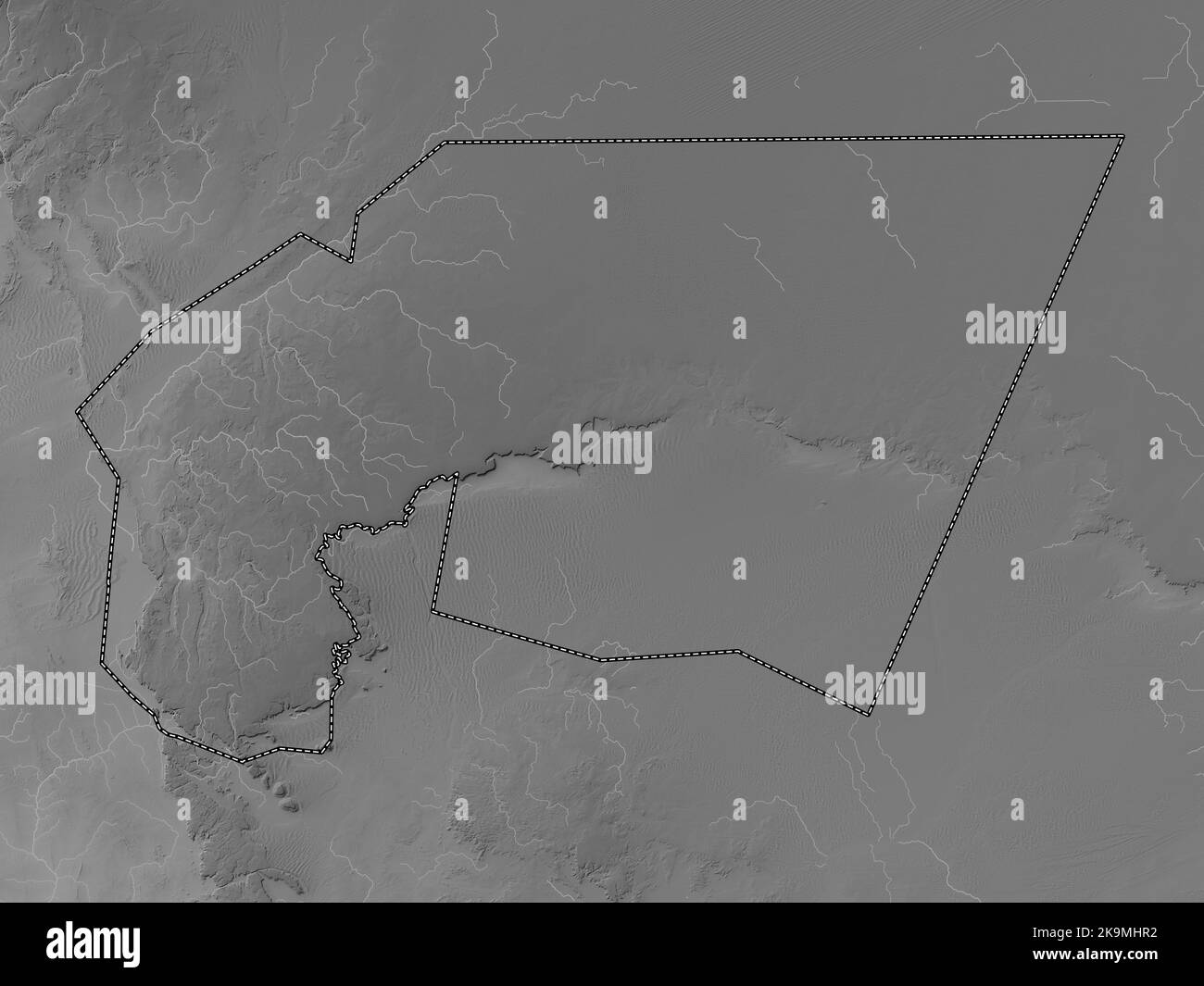 Tagant, region of Mauritania. Grayscale elevation map with lakes and ...