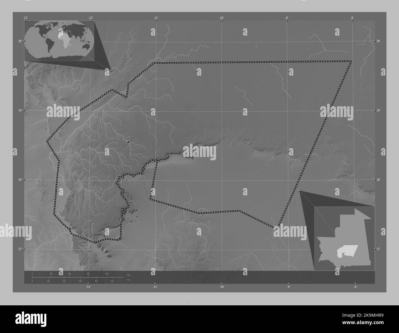 Tagant, region of Mauritania. Grayscale elevation map with lakes and ...