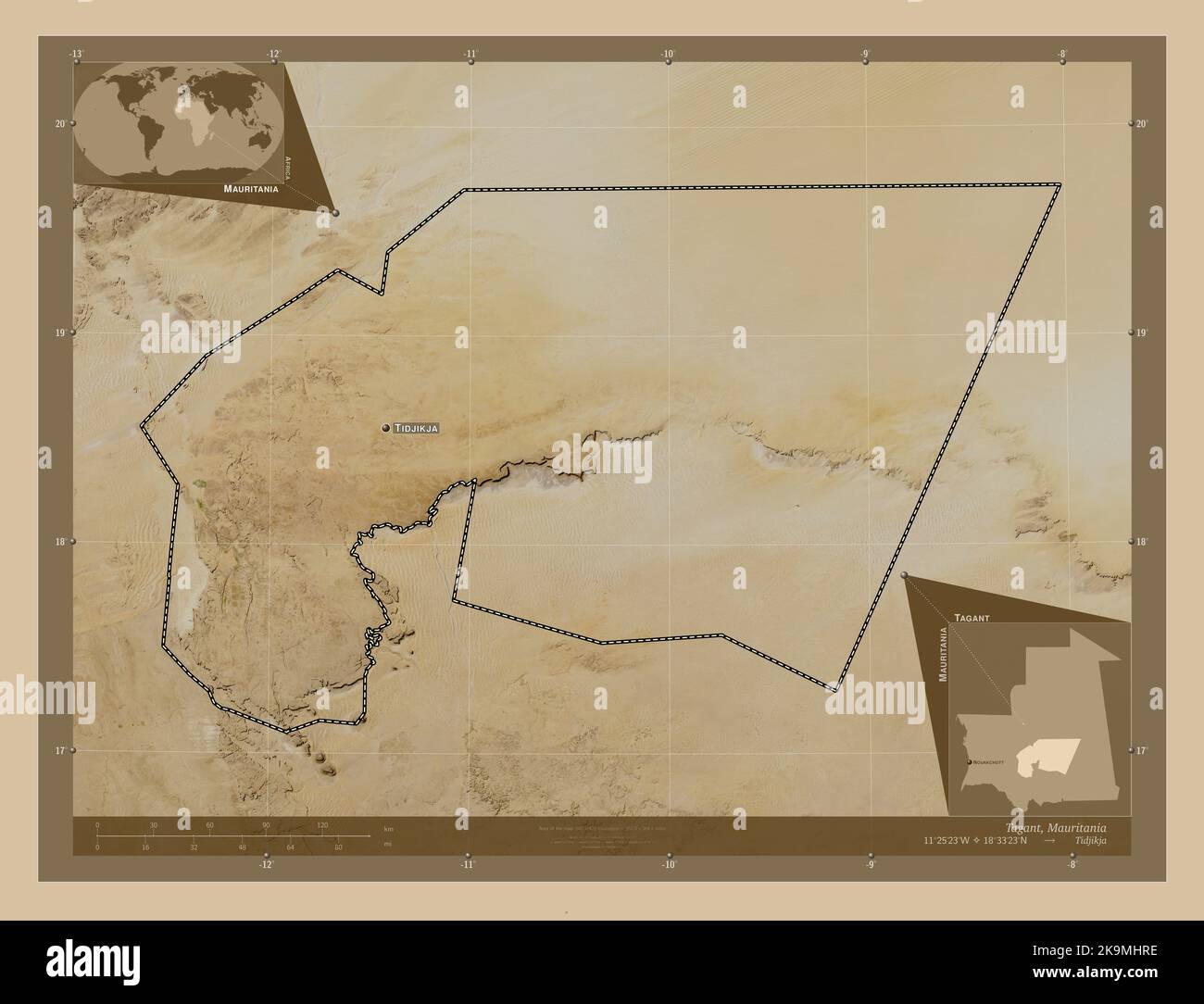Tagant, region of Mauritania. Low resolution satellite map. Locations ...