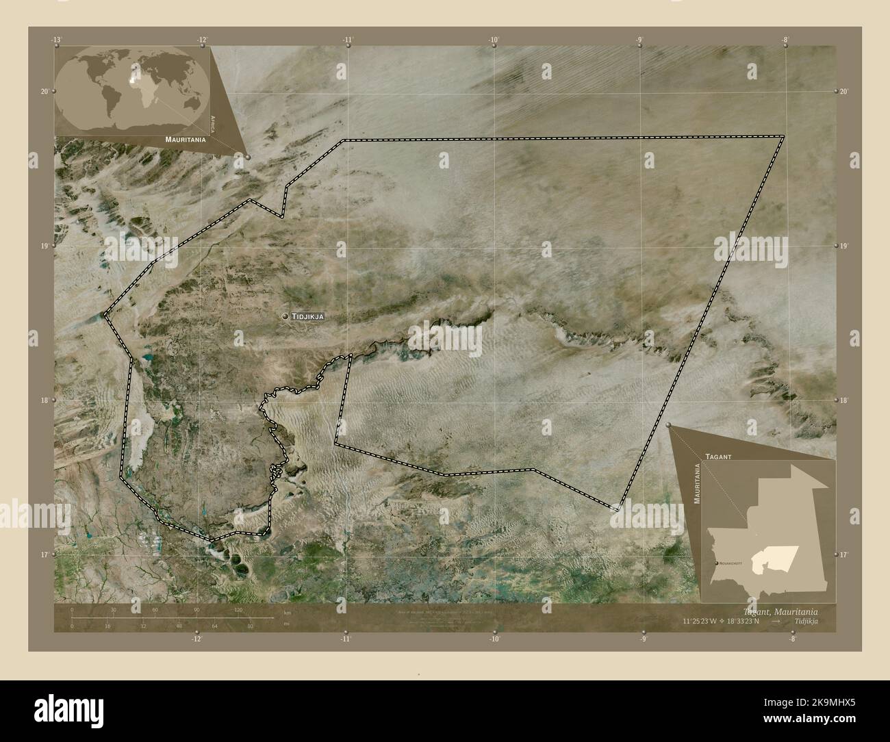 Tagant, region of Mauritania. High resolution satellite map. Locations ...