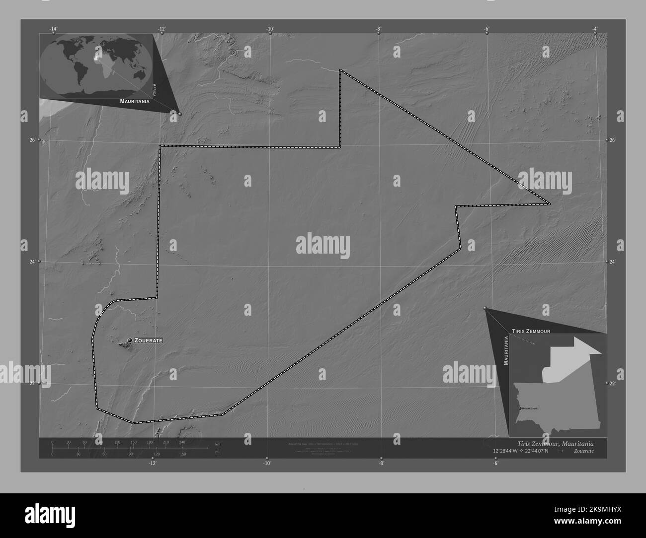 Tiris Zemmour, region of Mauritania. Bilevel elevation map with lakes ...