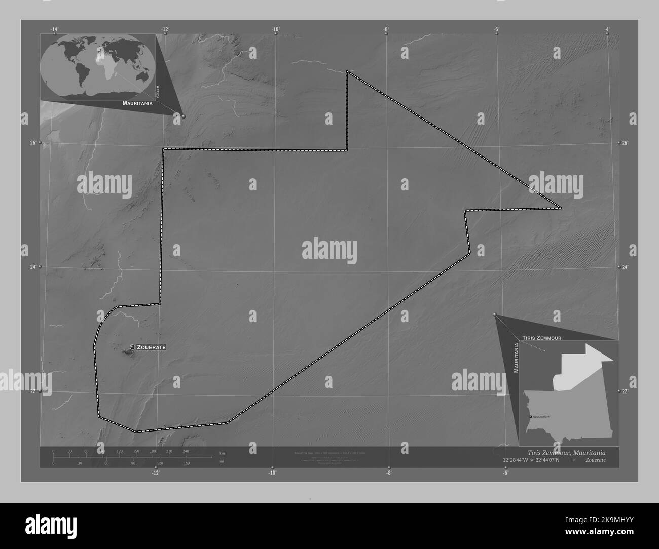 Tiris Zemmour, region of Mauritania. Grayscale elevation map with lakes ...